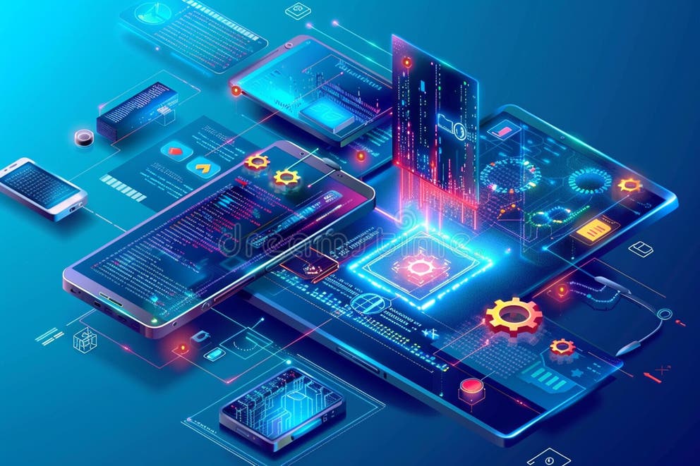 Futuristic Isometric View of Phones, Tablets with Data Flow and ...