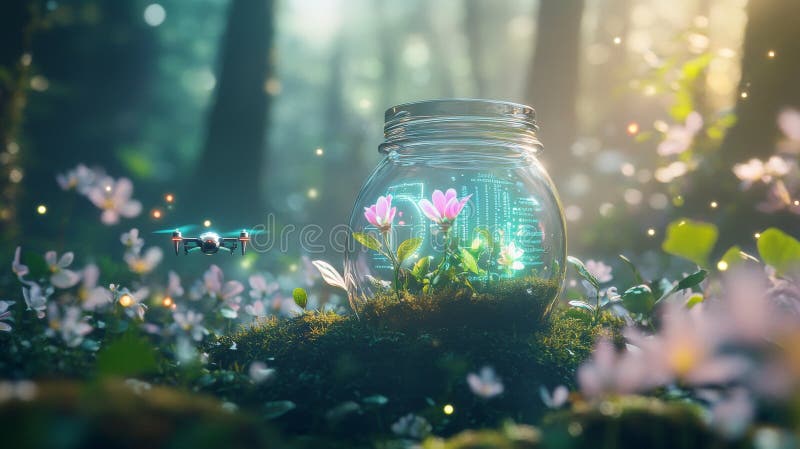 Futuristic Jar with Flowers and a Drone in a Magical Forest Stock ...