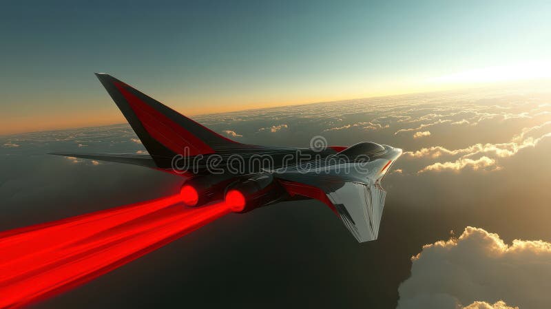 Futuristic Jet Aircraft with Red Afterburner Glow Soaring Above Clouds ...