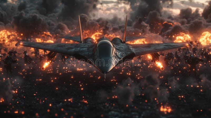 Futuristic Jet in Dramatic Battle Scene with Explosive Background Stock ...