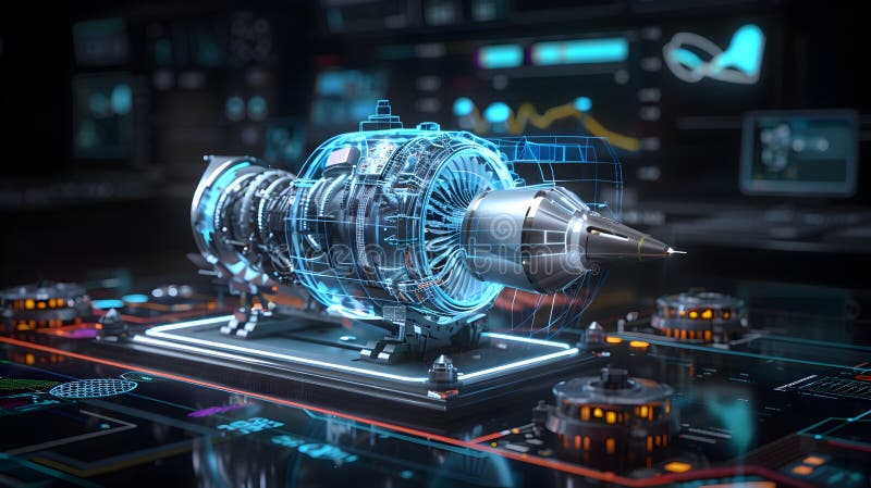 A Futuristic Jet Engine is Displayed on a Table with a Blue Generated ...