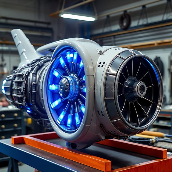 A Futuristic Jet Engine with Glowing Blue Lights Resting on a Workbench ...