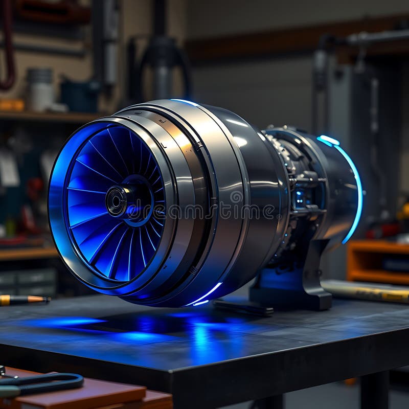 A Futuristic Jet Engine with Glowing Blue Lights Resting on a Workbench ...