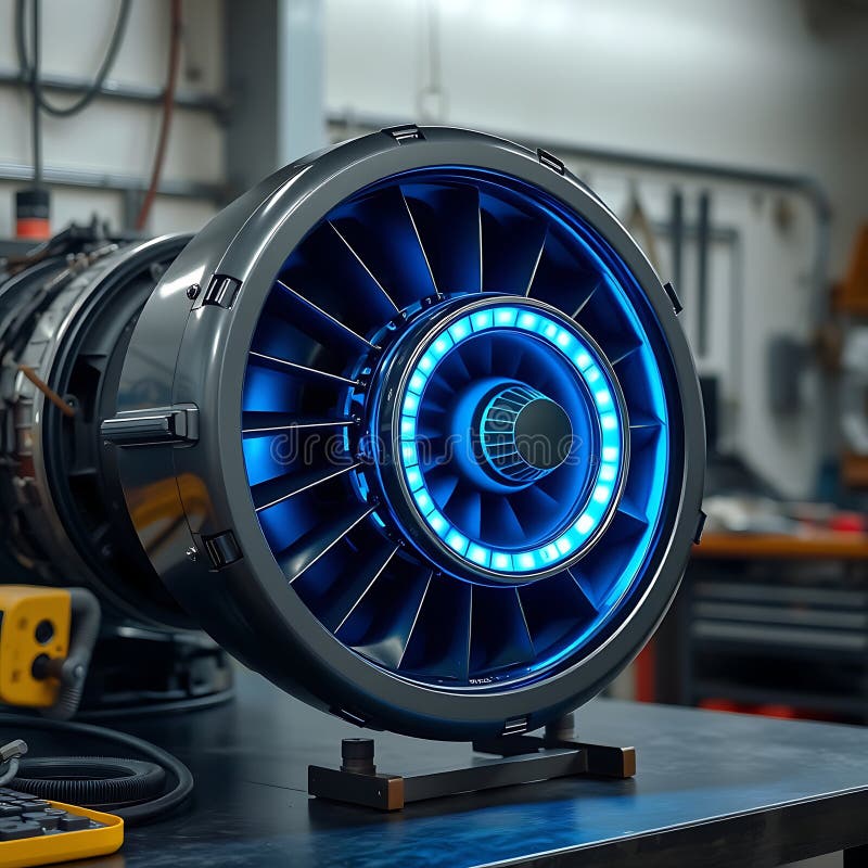 A Futuristic Jet Engine with Glowing Blue Lights Resting on a Workbench ...