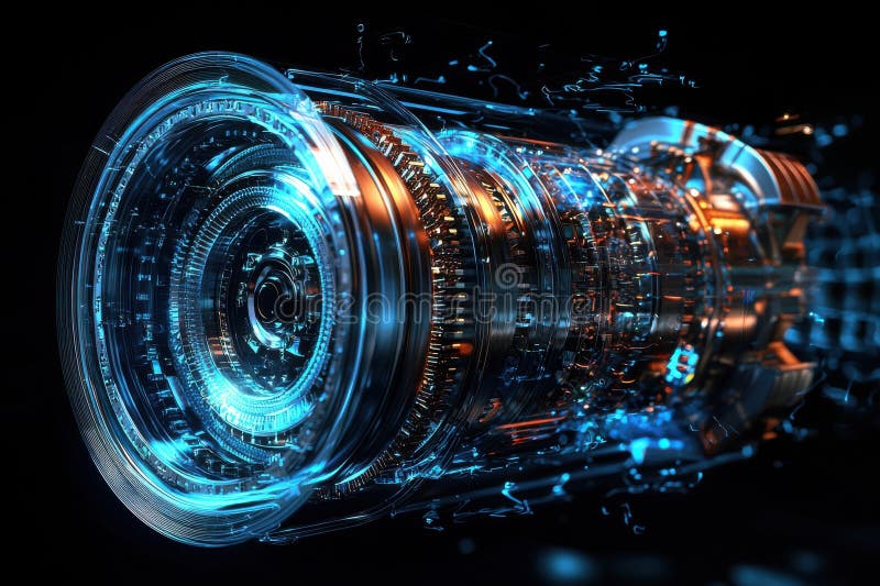 Futuristic Jet Engine with Glowing Blue and Orange Details in 3D Render ...
