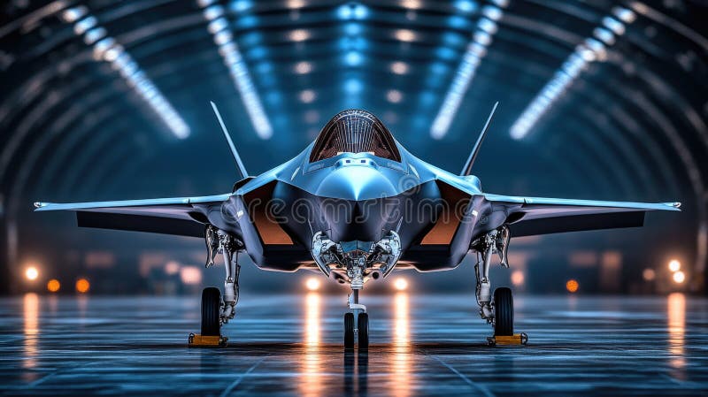 Futuristic Jet Fighter in Illuminated Hangar with Symmetrical Design ...