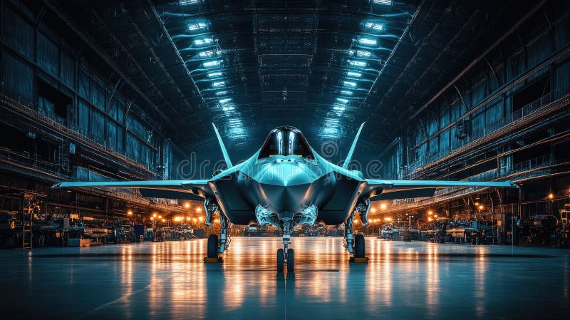Futuristic Jet Fighter in Illuminated Hangar with Symmetrical Lighting ...