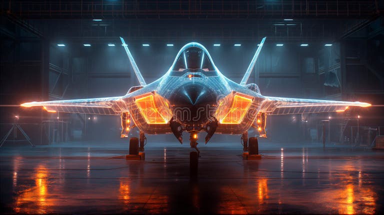 Futuristic Jet in Neon Digital Wireframe at Night in High Tech ...