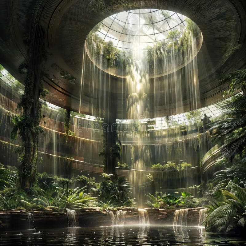 Futuristic Jungle Conservatory with Waterfall in Dome Architecture ...