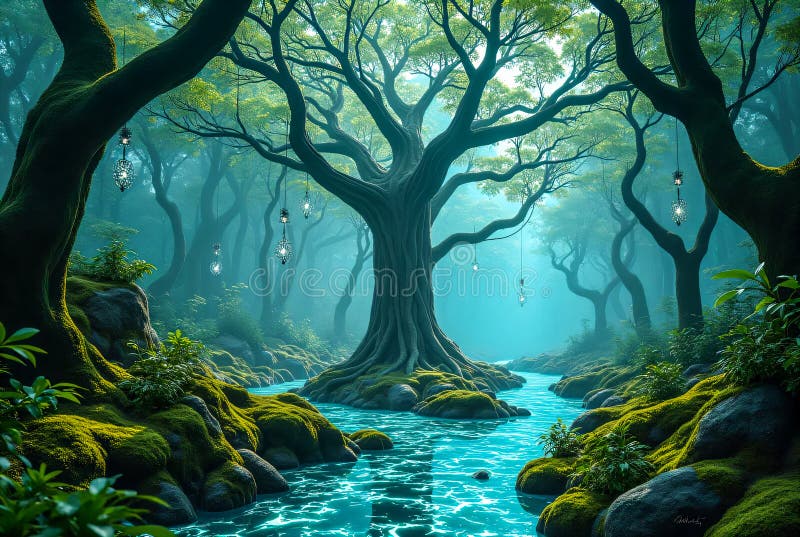 Futuristic Jungle with Glowing Vines and an AI Tree Stock Illustration ...