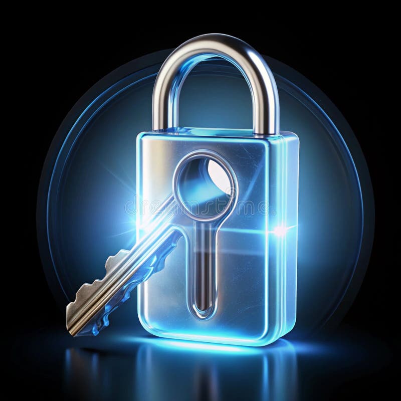 Floating Glowing Key with Transparent Digital Lock Stock Illustration ...