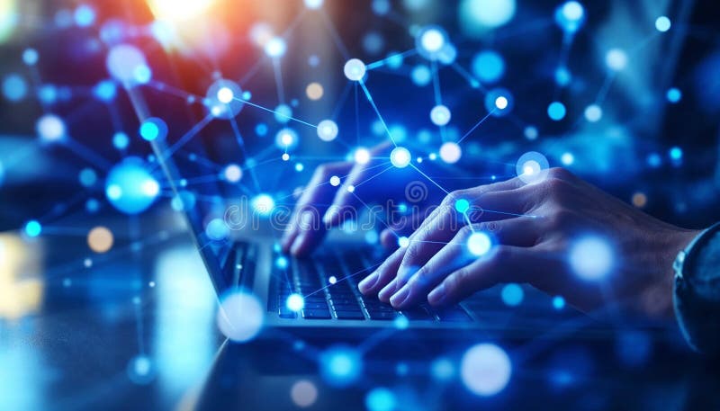 Futuristic Keyboard Typing with Cybernetic Hands and Glowing Digital ...