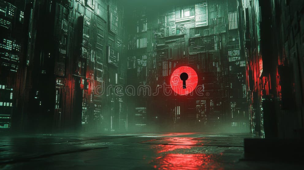 Futuristic Keyhole Illuminated in Dark Digital Corridor Stock ...