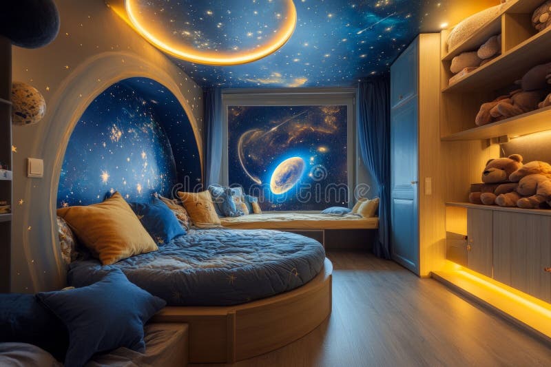 Futuristic Kids Bedroom with Space-themed Decor, Featuring a Unique ...