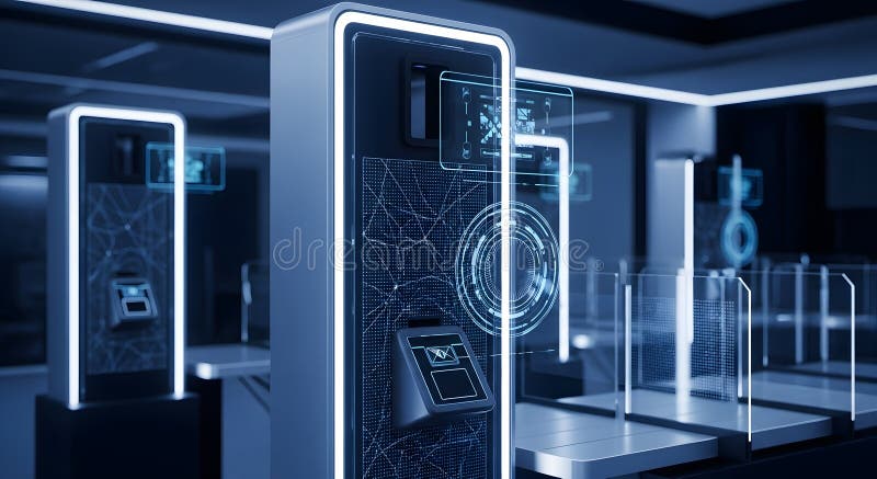 Futuristic Kiosk Terminal Interface with Holographic Elements and Neon ...