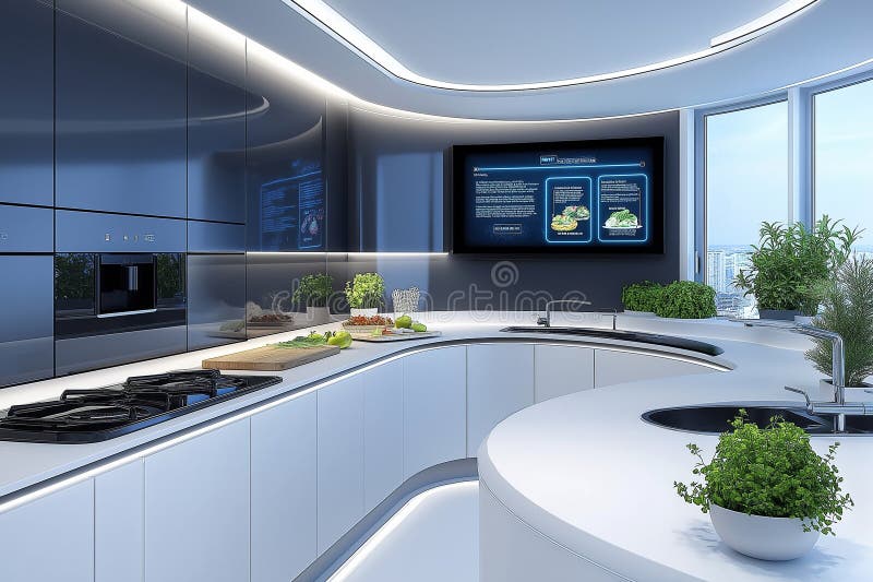 Futuristic Kitchen with AI Interactive Display Built into Countertop ...