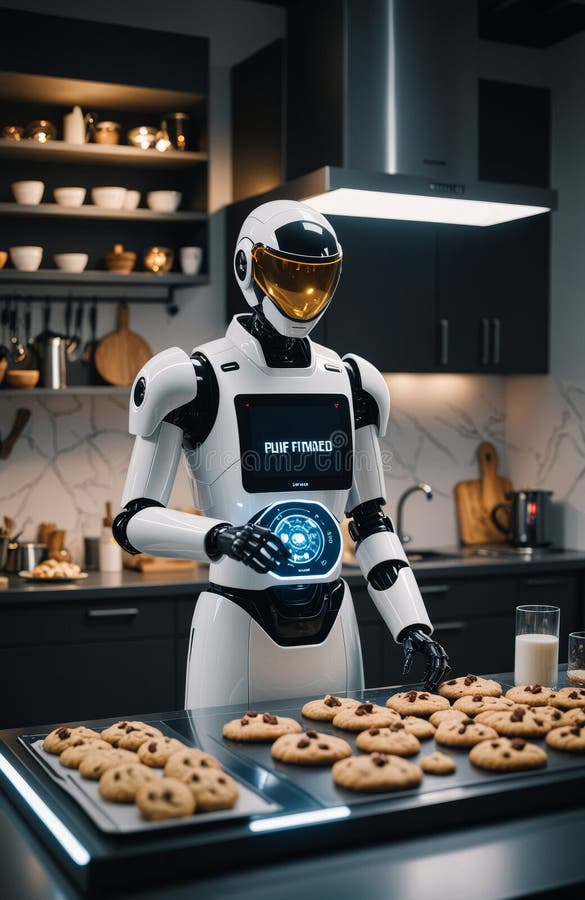 Futuristic Kitchen with AI Robot Baking Holiday Cookies. Stock Image ...