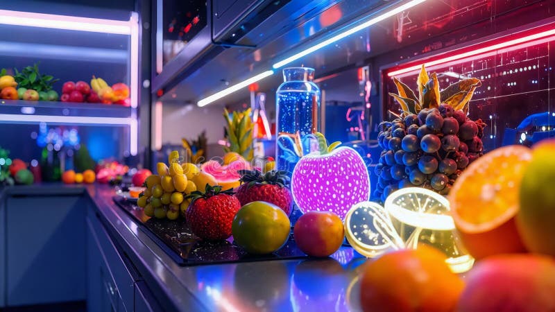 Futuristic Kitchen Countertop Displaying Glowing Fruits and Neon Lights ...