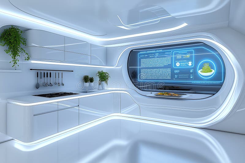 Futuristic Kitchen with Curved Design and Interactive Holographic Screen. Sleek White Cabinets ...