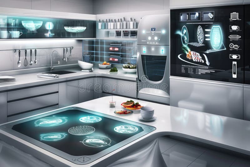 Futuristic Kitchen Equipped with Holographic Cooking Zones and Advanced ... Futuristic Kitchen Equipped with Holographic Cooking Zones and Advanced ...