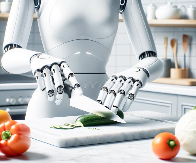 Futuristic Kitchen Help: Robot Chopping Vegetables on Cutting Board Stock Photo - Image of ...