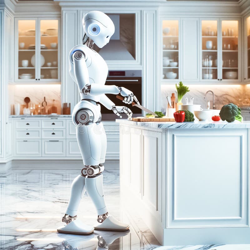 Futuristic Kitchen Help: Robot Chopping Vegetables on Cutting Board ...