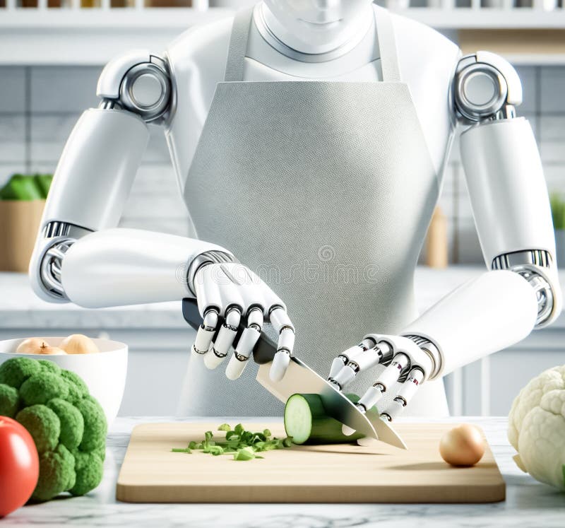 Futuristic Kitchen Help: Robot Chopping Vegetables on Cutting Board ...