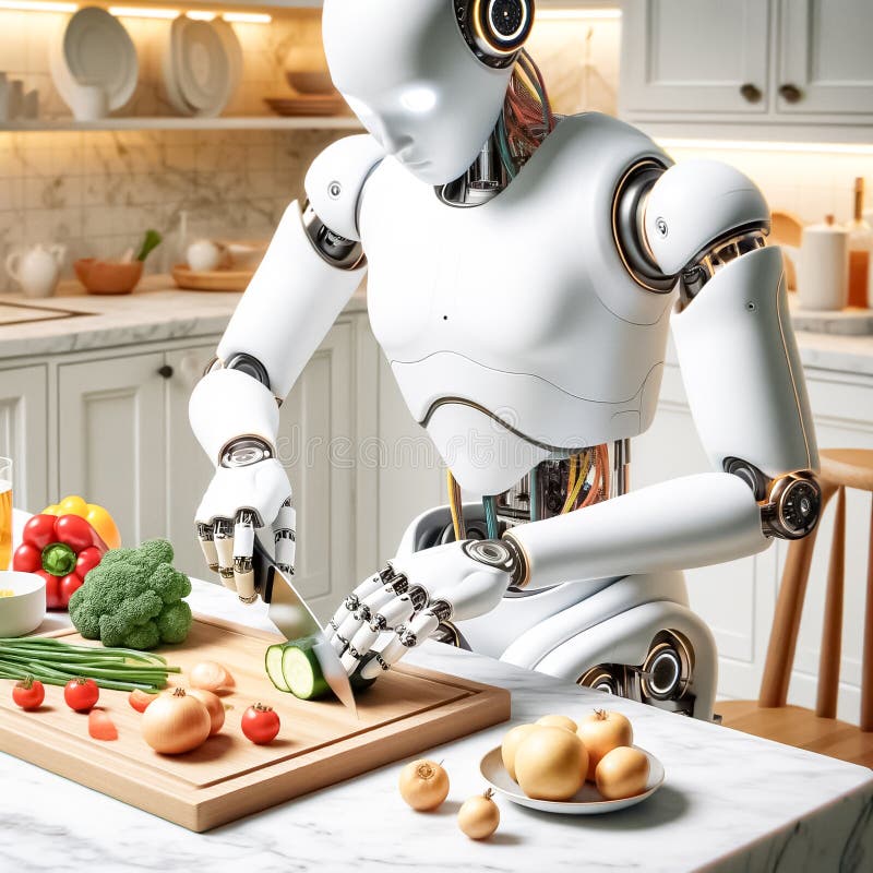 Futuristic Kitchen Help: Robot Chopping Vegetables on Cutting Board ...