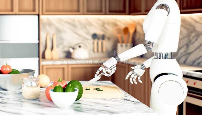 Futuristic Kitchen Help: Robot Chopping Vegetables on Cutting Board ...