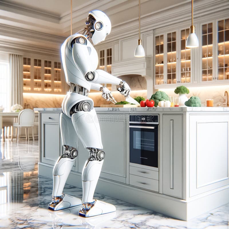 Futuristic Kitchen Help: Robot Chopping Vegetables on Cutting Board ...
