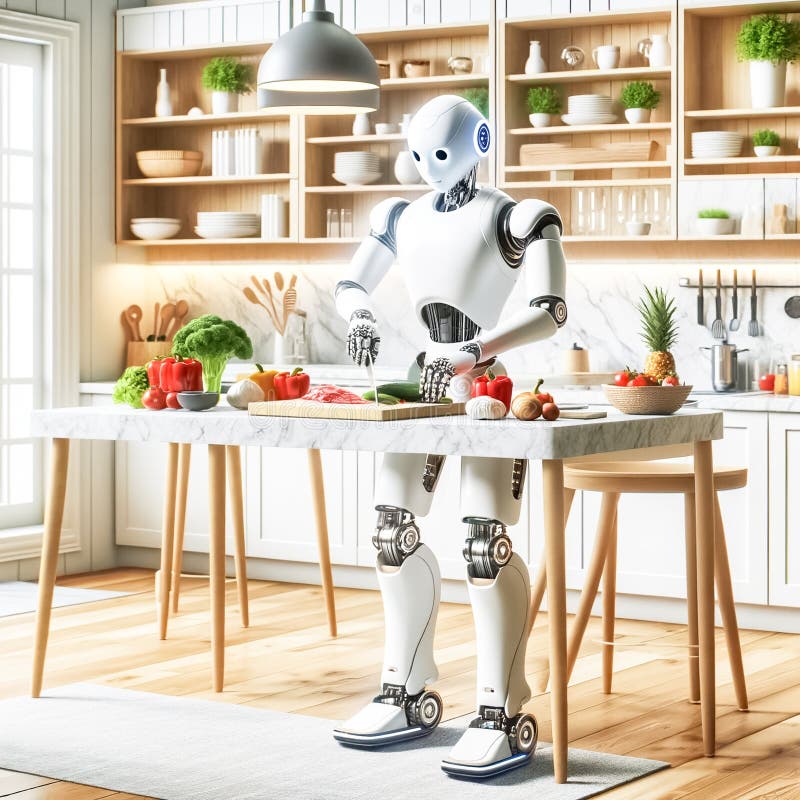 Futuristic Kitchen Help: Robot Chopping Vegetables on Cutting Board ...