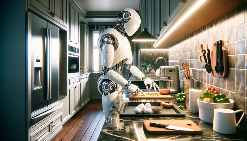 Futuristic Kitchen Help: Robot Chopping Vegetables on Cutting Board ...