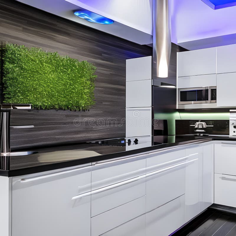 A Futuristic Kitchen with High-gloss White Cabinets, LED Lighting, and ...