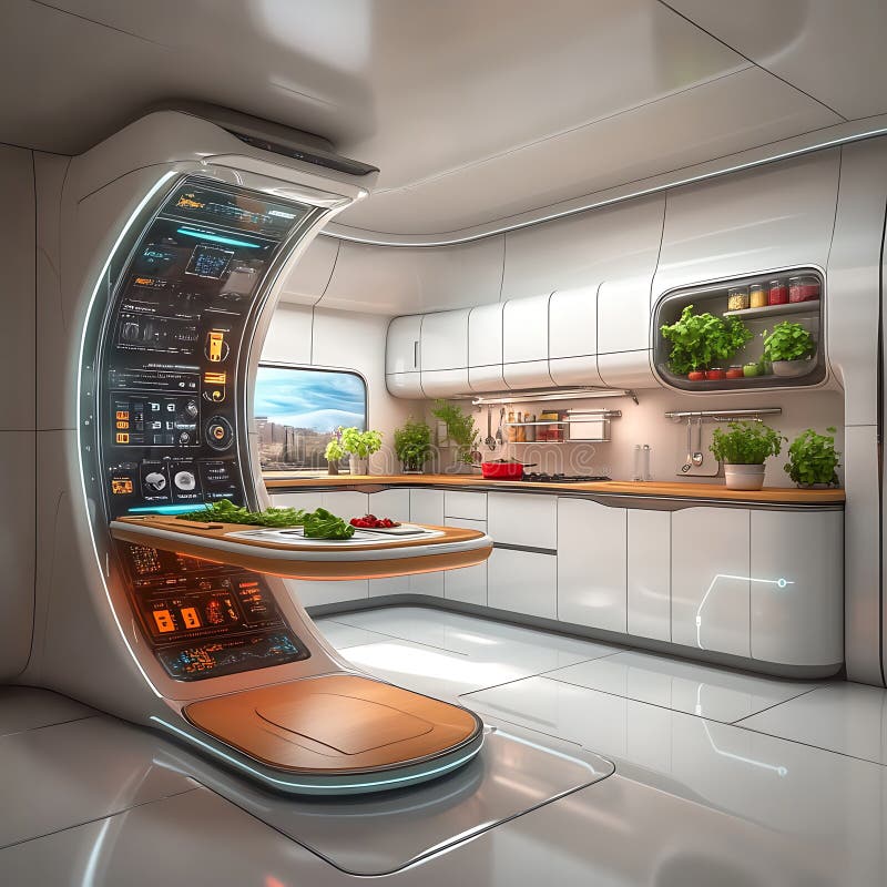 Futuristic Kitchen with Interactive Interface and Modern Design Stock ...