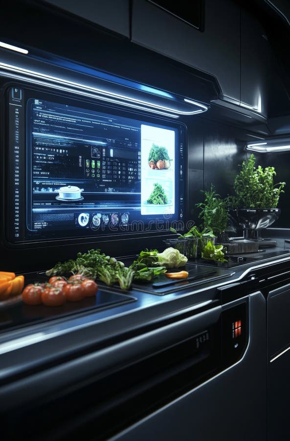 Futuristic Kitchen with Interactive Screen and Fresh Vegetables on ...