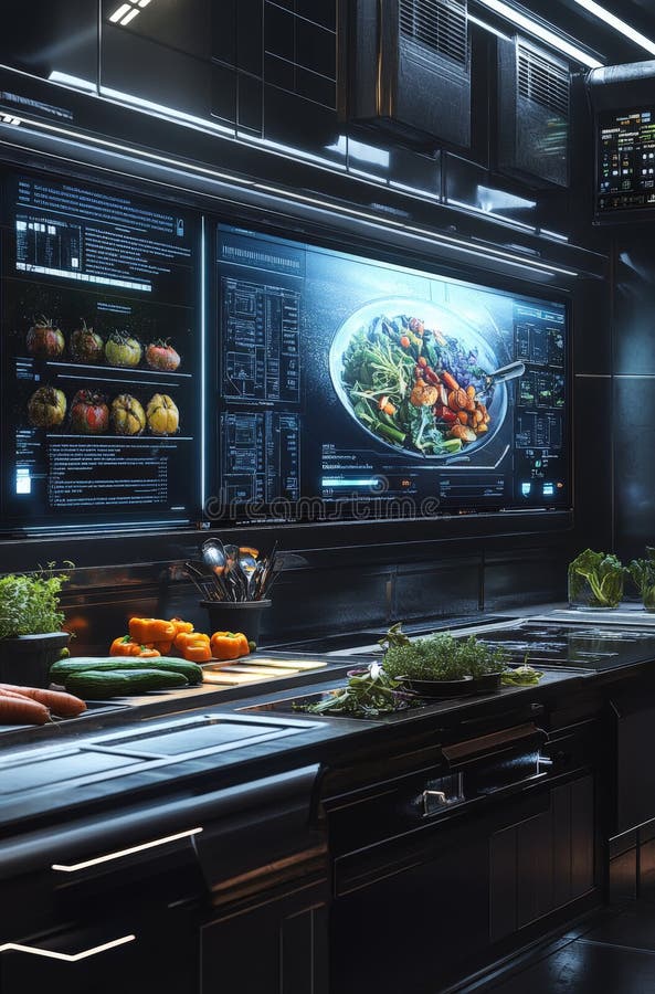 Futuristic Kitchen Interior with Digital Screens and Fresh Vegetables ...