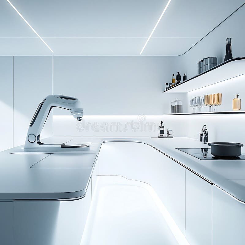 Futuristic Kitchen Interior with Sleek, Minimalist Design. Features a ...