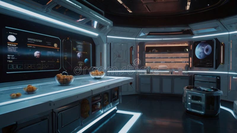 A Futuristic Kitchen Module Aboard a Space Station, Featuring Floating ...