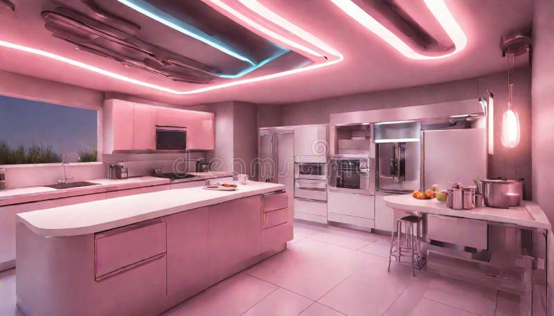 A Futuristic Kitchen with Neon Lights Embedded in the Ceiling, Casting ...