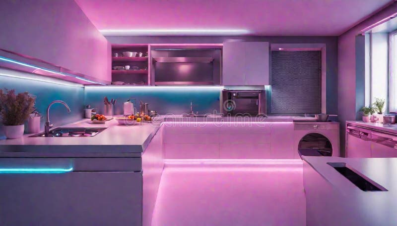A Futuristic Kitchen with Neon Lights Embedded in the Ceiling, Casting ...