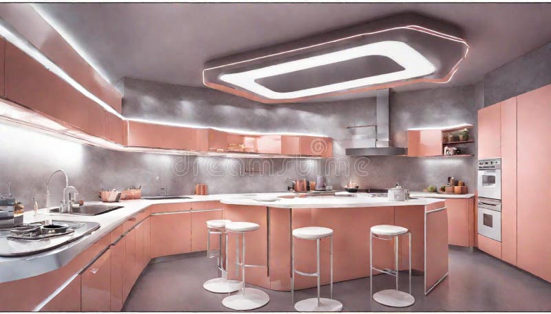 A Futuristic Kitchen with Neon Lights Embedded in the Ceiling, Casting ...