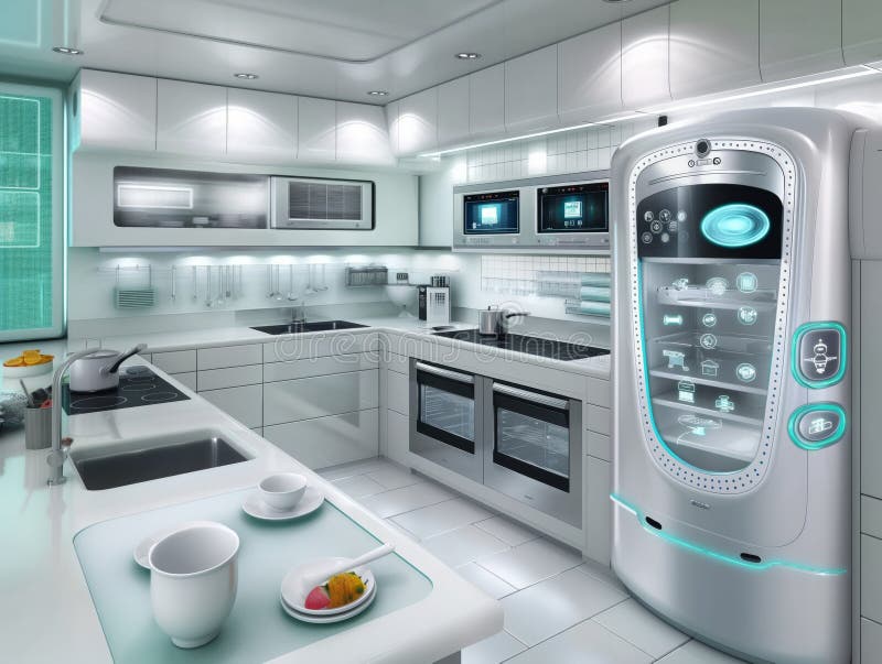 A Futuristic Kitchen with a Refrigerator that Has a Screen on it Stock ...