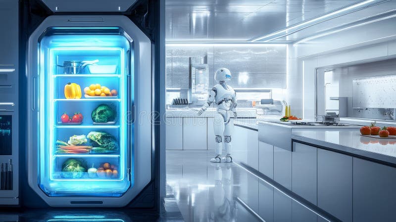 Futuristic Kitchen with Robot and Smart Refrigerator in Modern Home ...