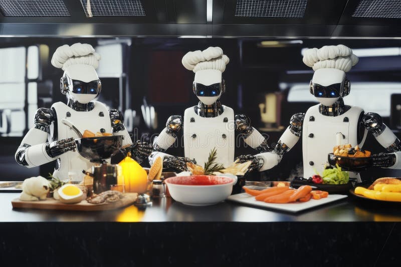 Futuristic Kitchen with Robots Preparing Gourmet Dishes in a Modern ...