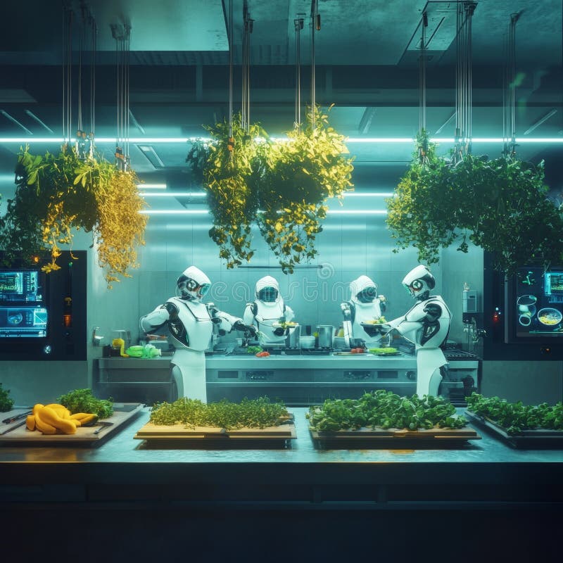 Futuristic Kitchen with Robots Preparing Meals and High-tech Equipment ...