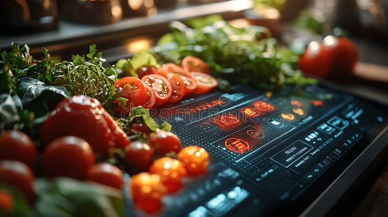 Futuristic Kitchen Scene Featuring Fresh Vegetables and Digital ...