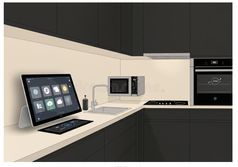 Futuristic Kitchen Setting with Sleek Black Cabinetry and Integrated ...