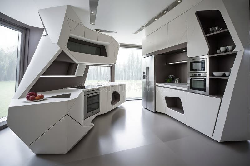 Futuristic Kitchen, with Sleek Modular Custom Cabinetry and Minimalist ...