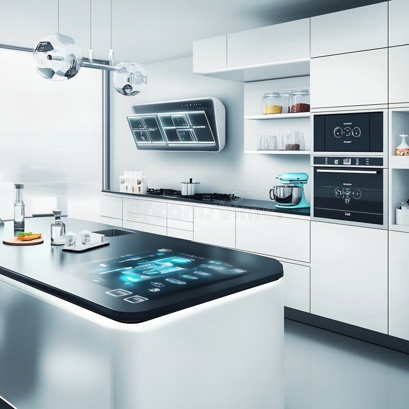 Futuristic Kitchen with Sleek White Cabinetry and Integrated Smart ...