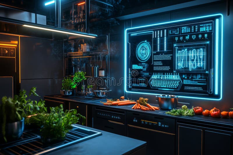 Futuristic Kitchen with Smart Displays and Fresh Vegetables on ...